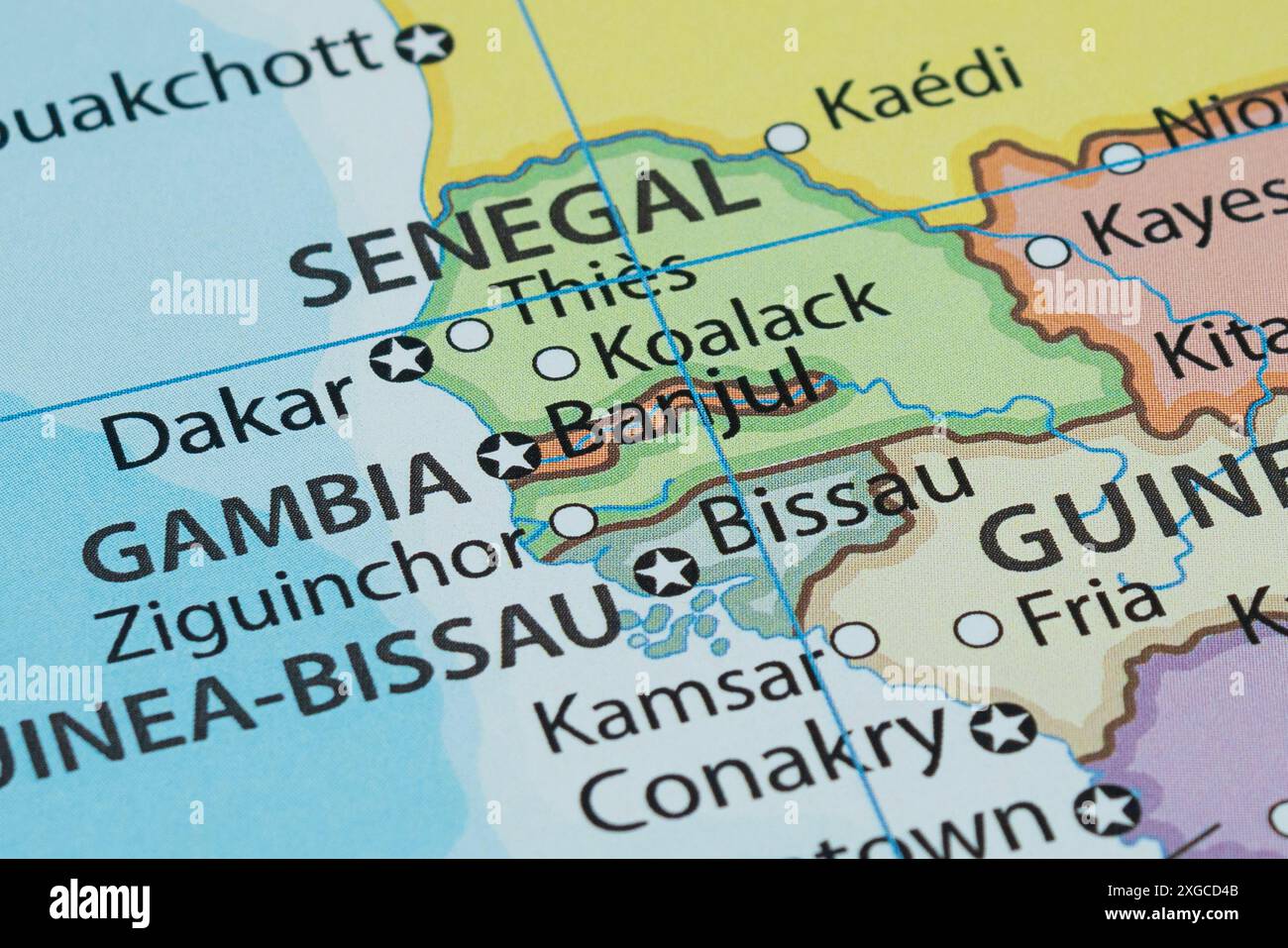 Close up to a Gambia political map with country frontiers and most ...