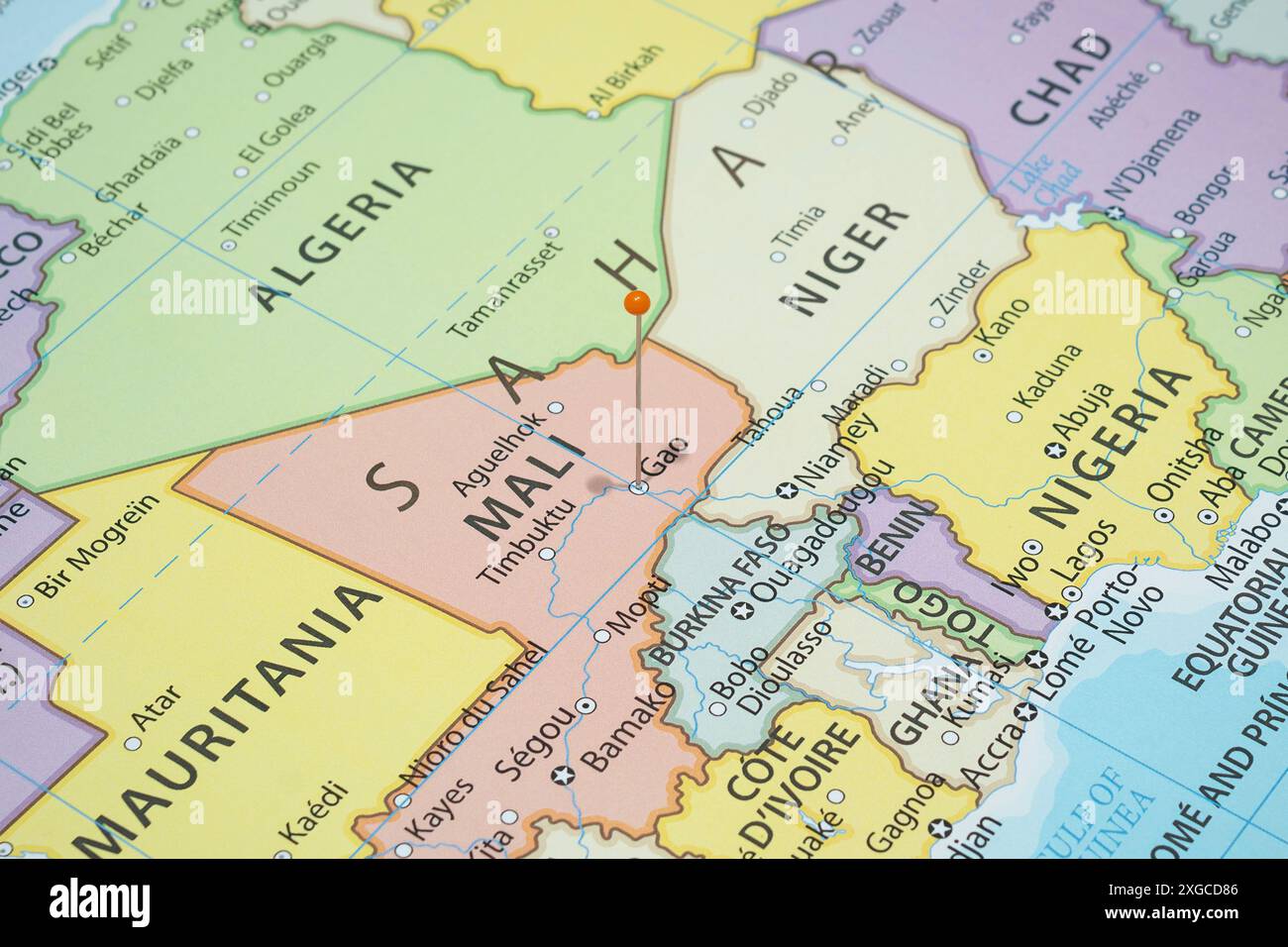 Close up to a Gao city with an orange pin needle into Mali country ...