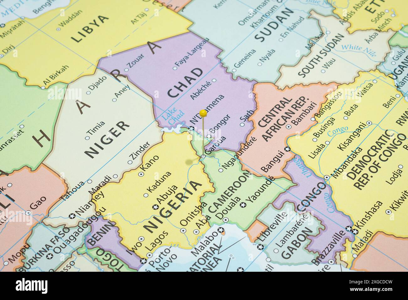 Close up to a Garoua city with a Yellow pin needle into Cameroon ...