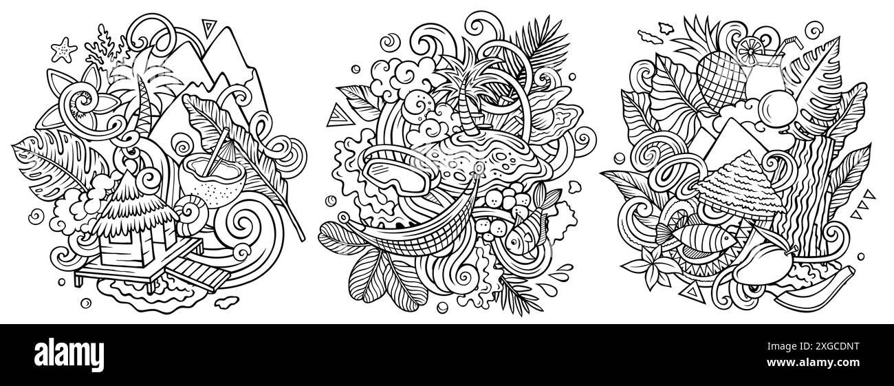 Bora-Bora cartoon vector doodle designs set. Line art detailed ...