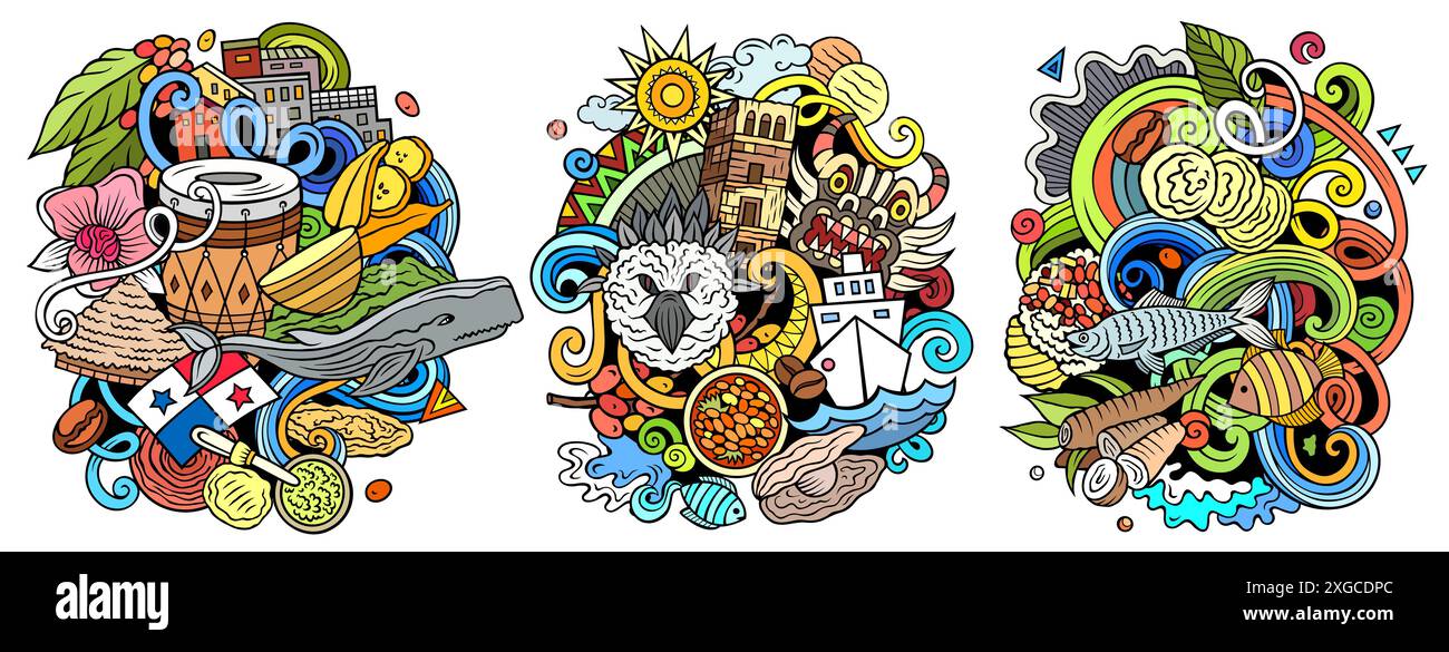 Panama cartoon vector doodle designs set. Colorful detailed ...