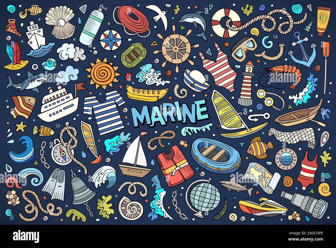 Colorful vector hand drawn doodle cartoon set of Marine theme items ...