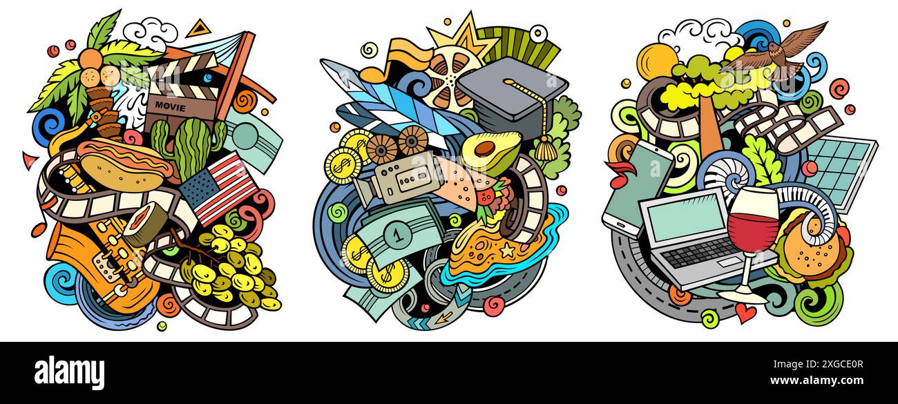 California cartoon vector doodle designs set. Colorful detailed ...