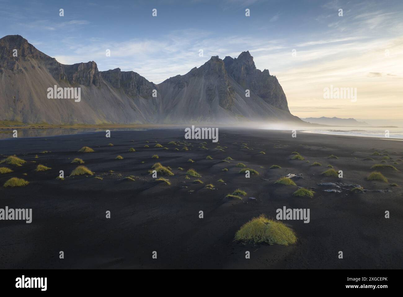 Iceland, Austurland Region, Stokksnes, black sand beach (aerial view ...