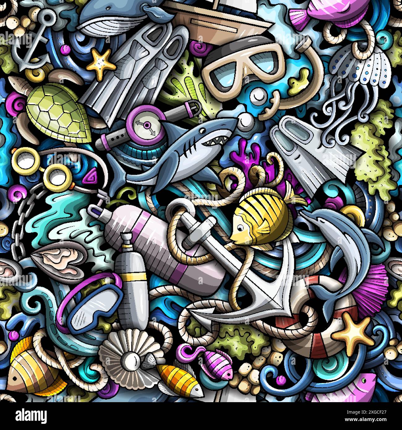 Cartoon doodles Diving seamless pattern. Backdrop with snorkeling ...