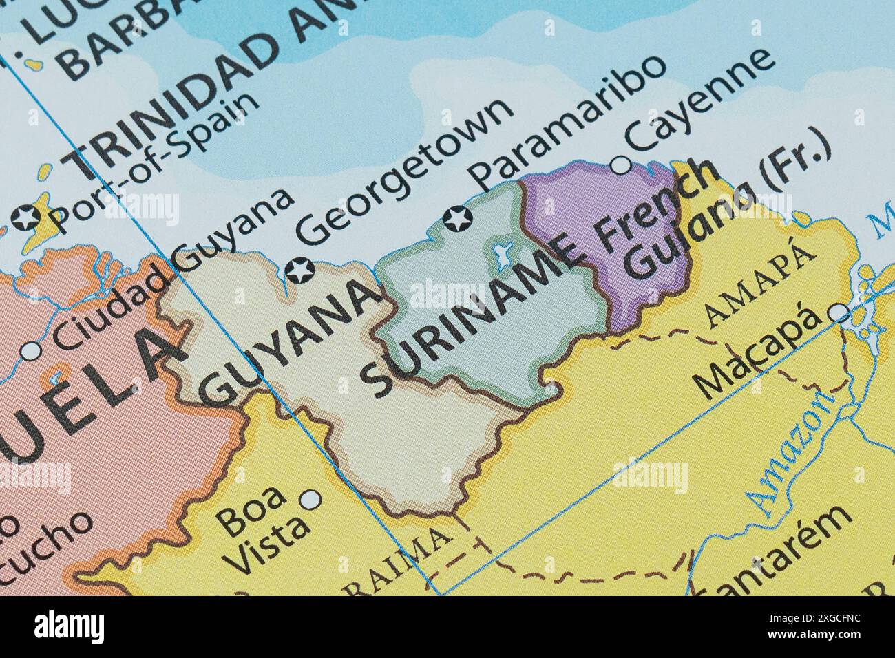 Close up to a Guyana suriname and french guiana political maps with ...