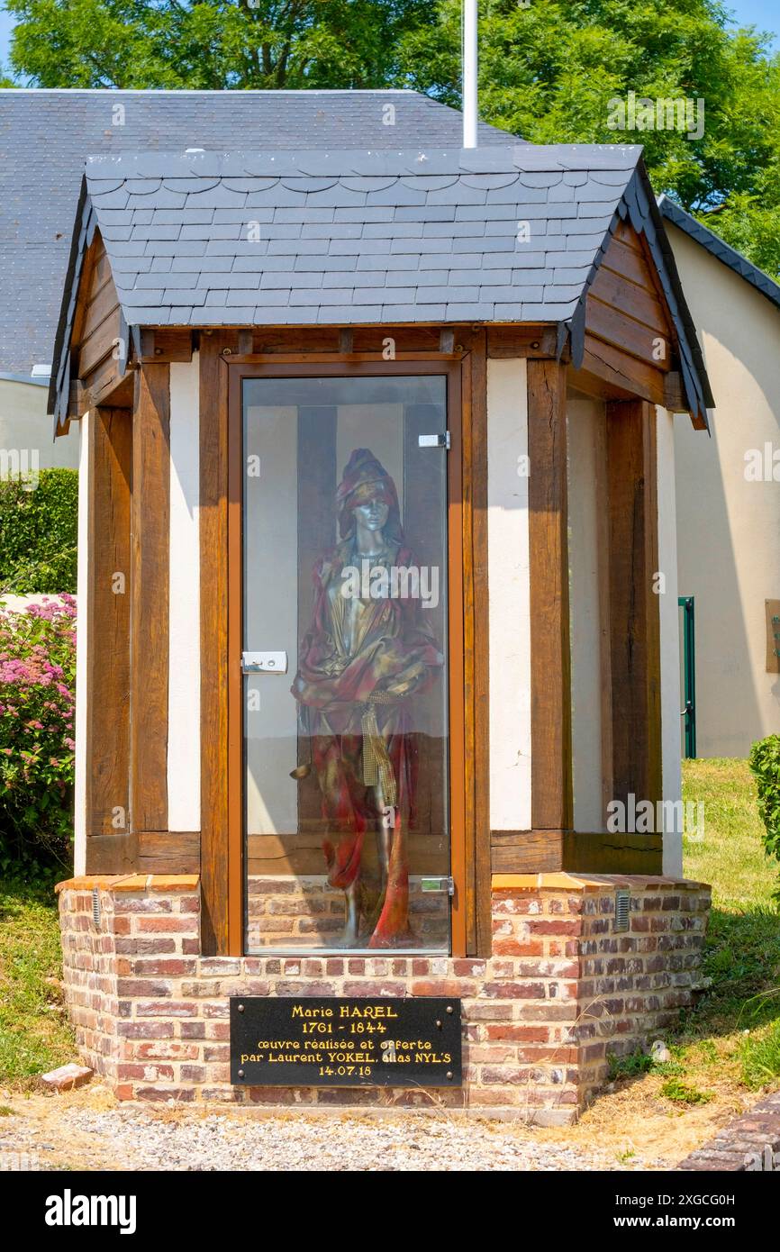 France, Orne, Pays d'Auge, village of Camembert, statue of Marie Harel ...