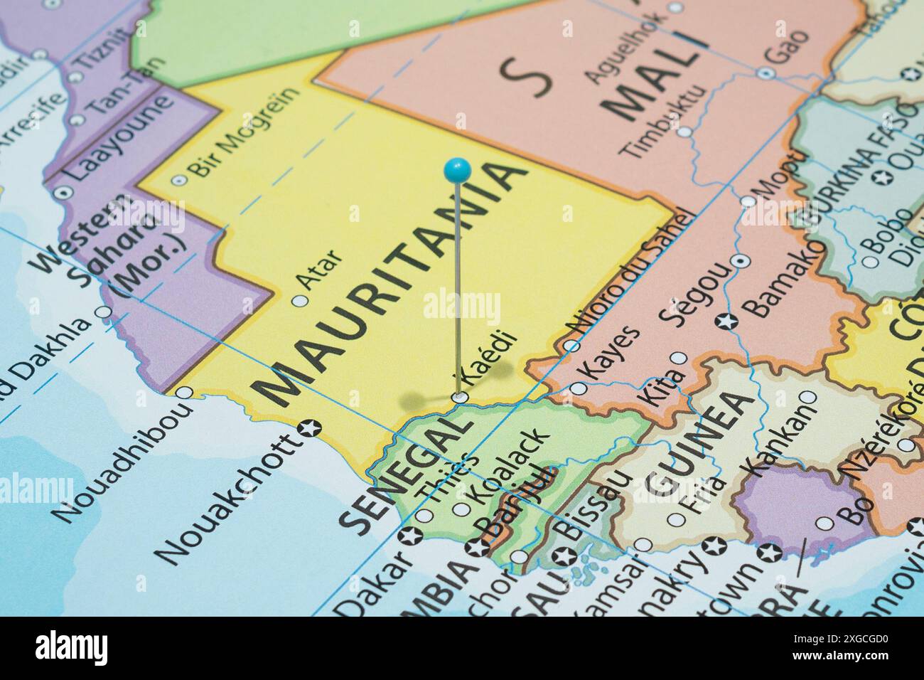 Close up to a Kaedi city with a light blue pin needle into Mauritania ...