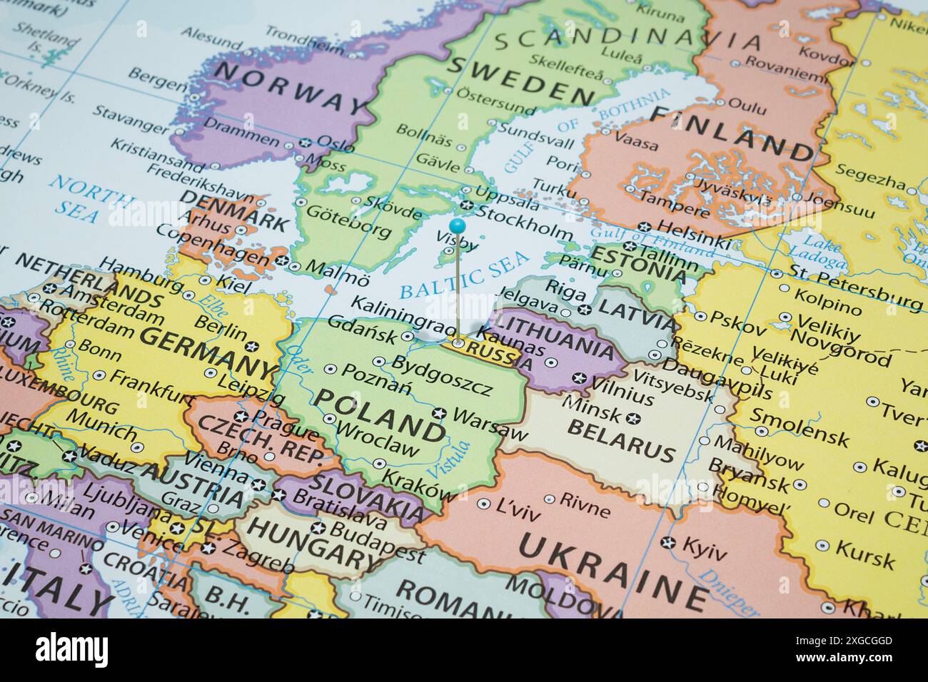 Close up to a Kaliningrad city with a light blue pin needle into russia ...