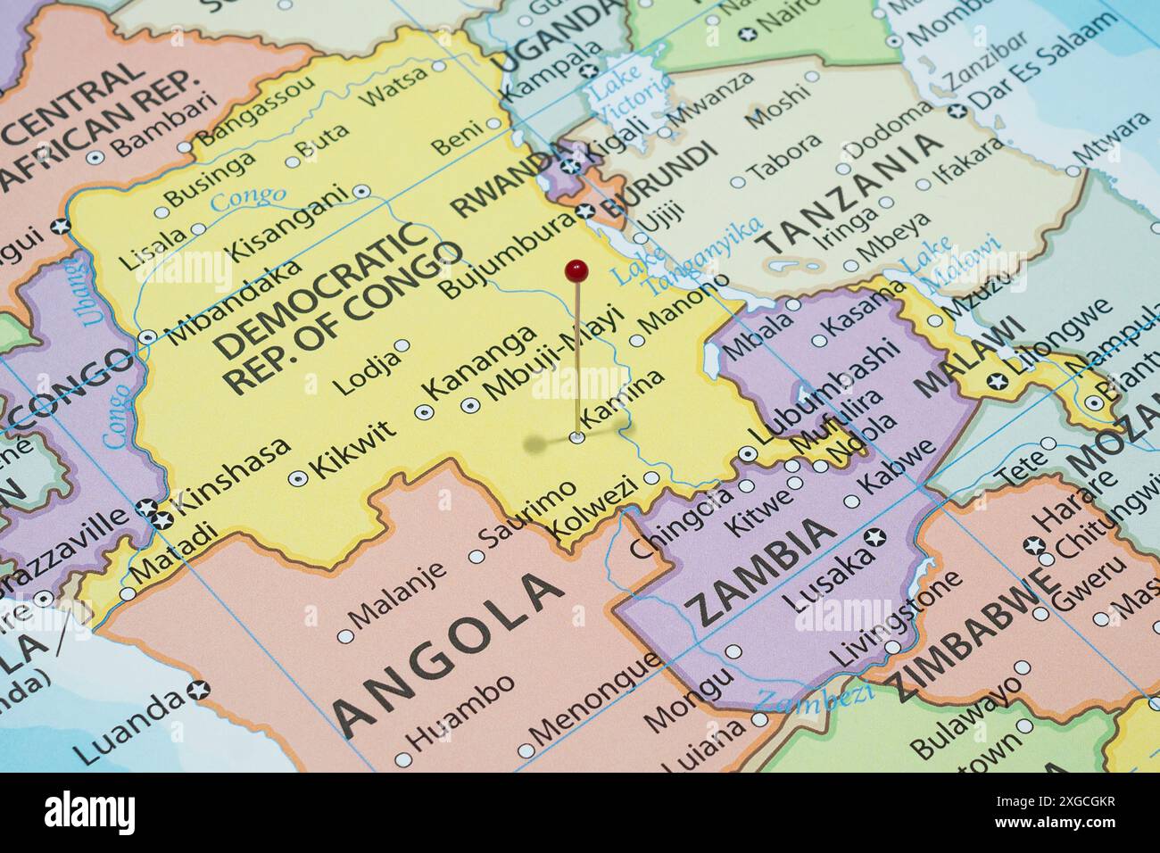 Close up to a kamina city with a red pin needle into Democratic ...