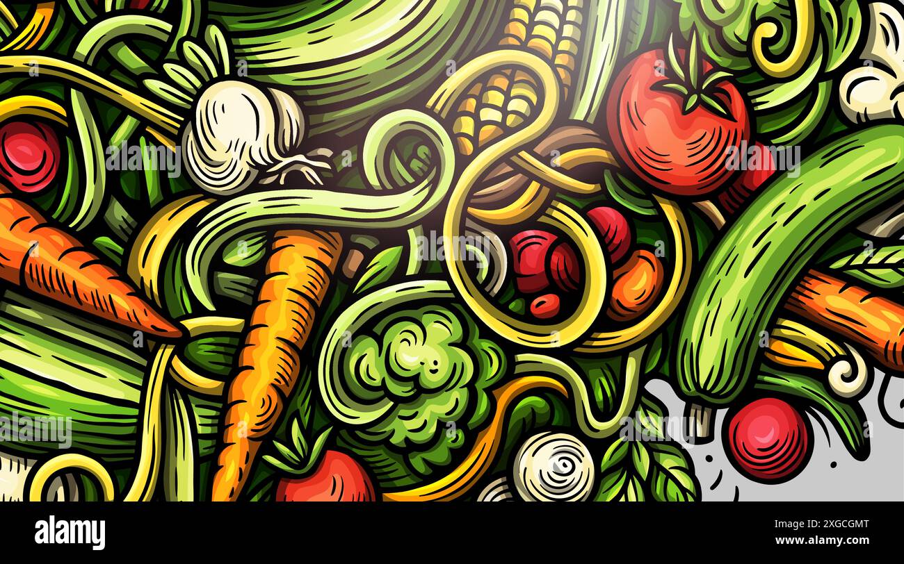 Vegetables cartoon vector doodle background. Veggies banner design ...