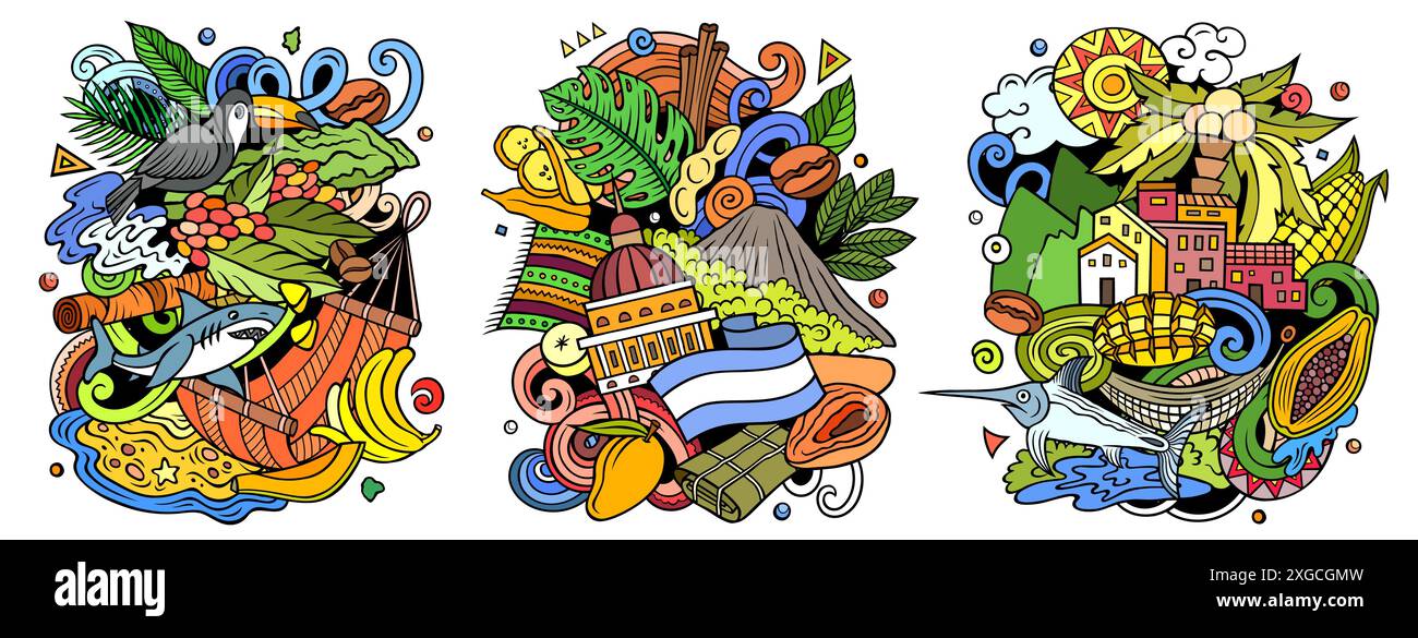 Nicaragua cartoon vector doodle designs set. Colorful detailed ...