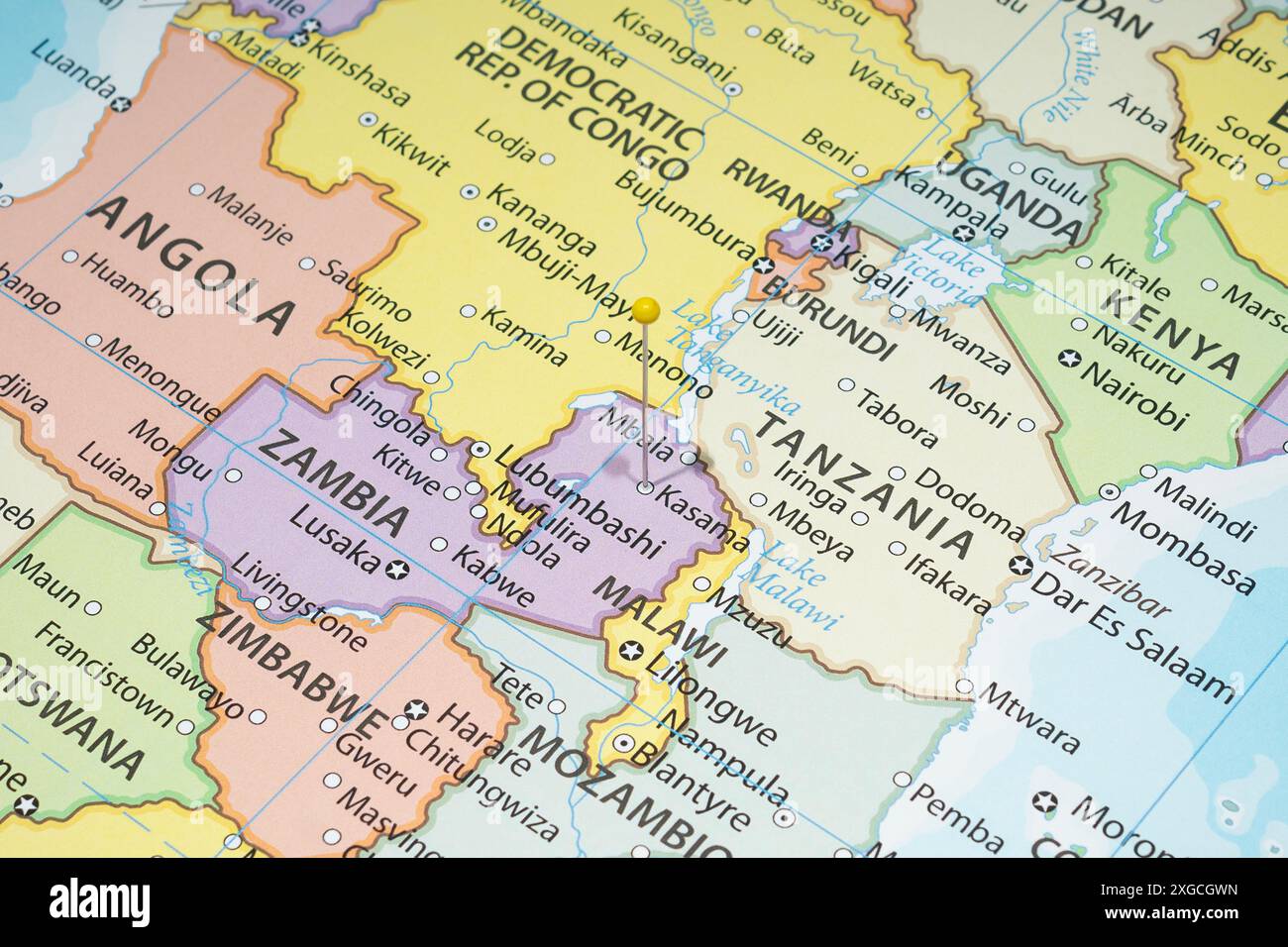 Close up to a Kasama with a yellow pin needle into Zambia country ...