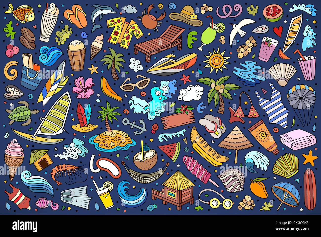 Colorful vector hand drawn doodle cartoon set of Summer beach theme ...