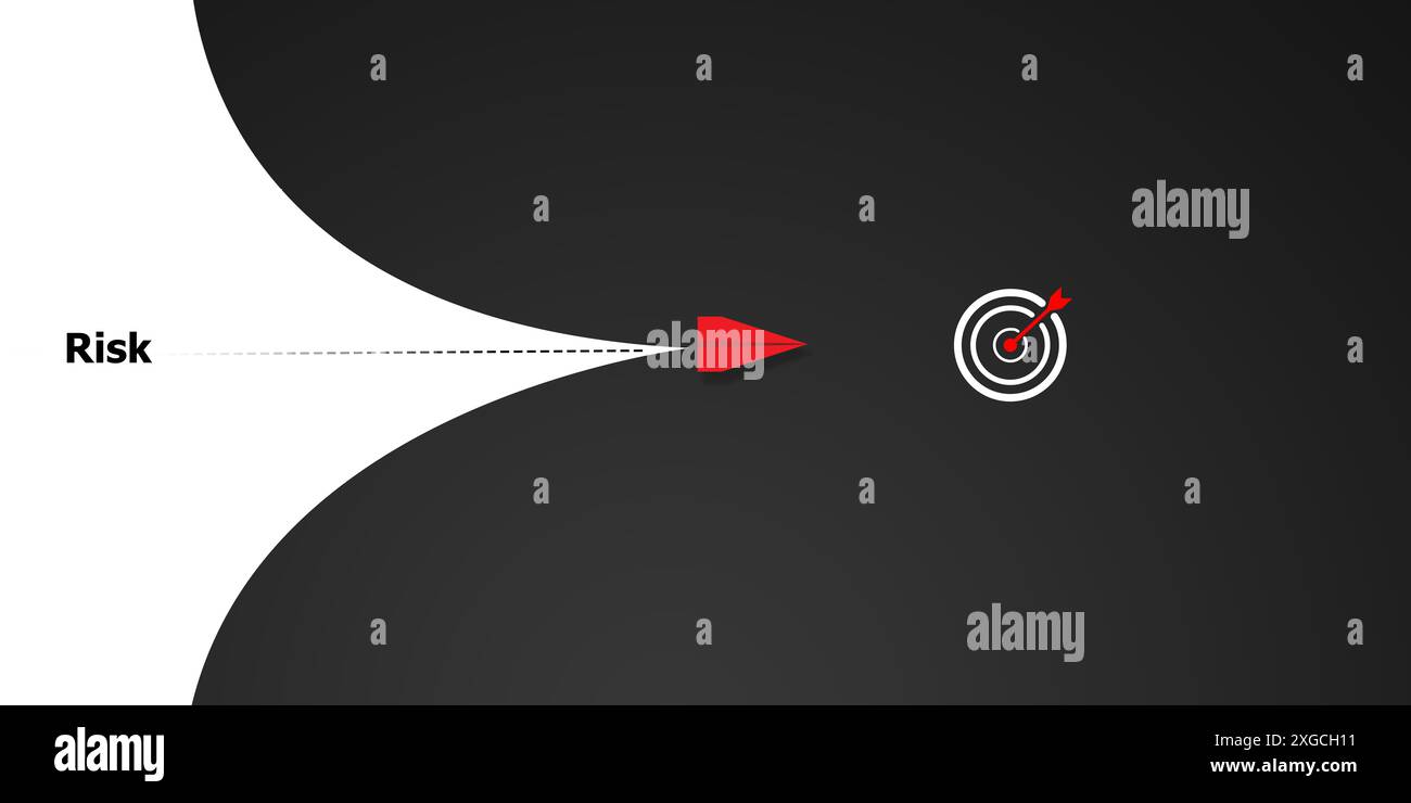 Red paper plane flies through risky obstacles to reach target, risk ...