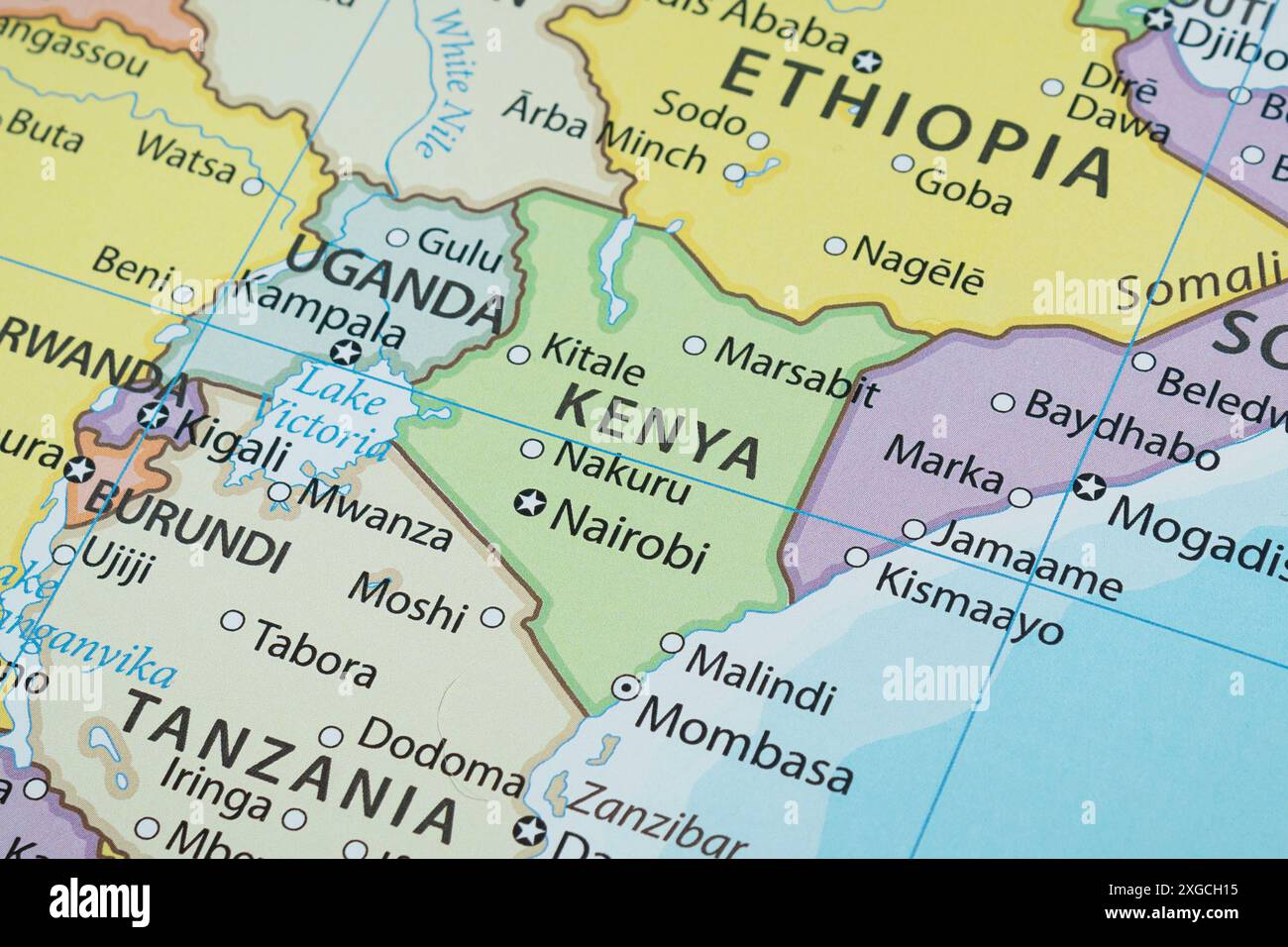 Close up to a Kenya political map with country frontiers and most ...