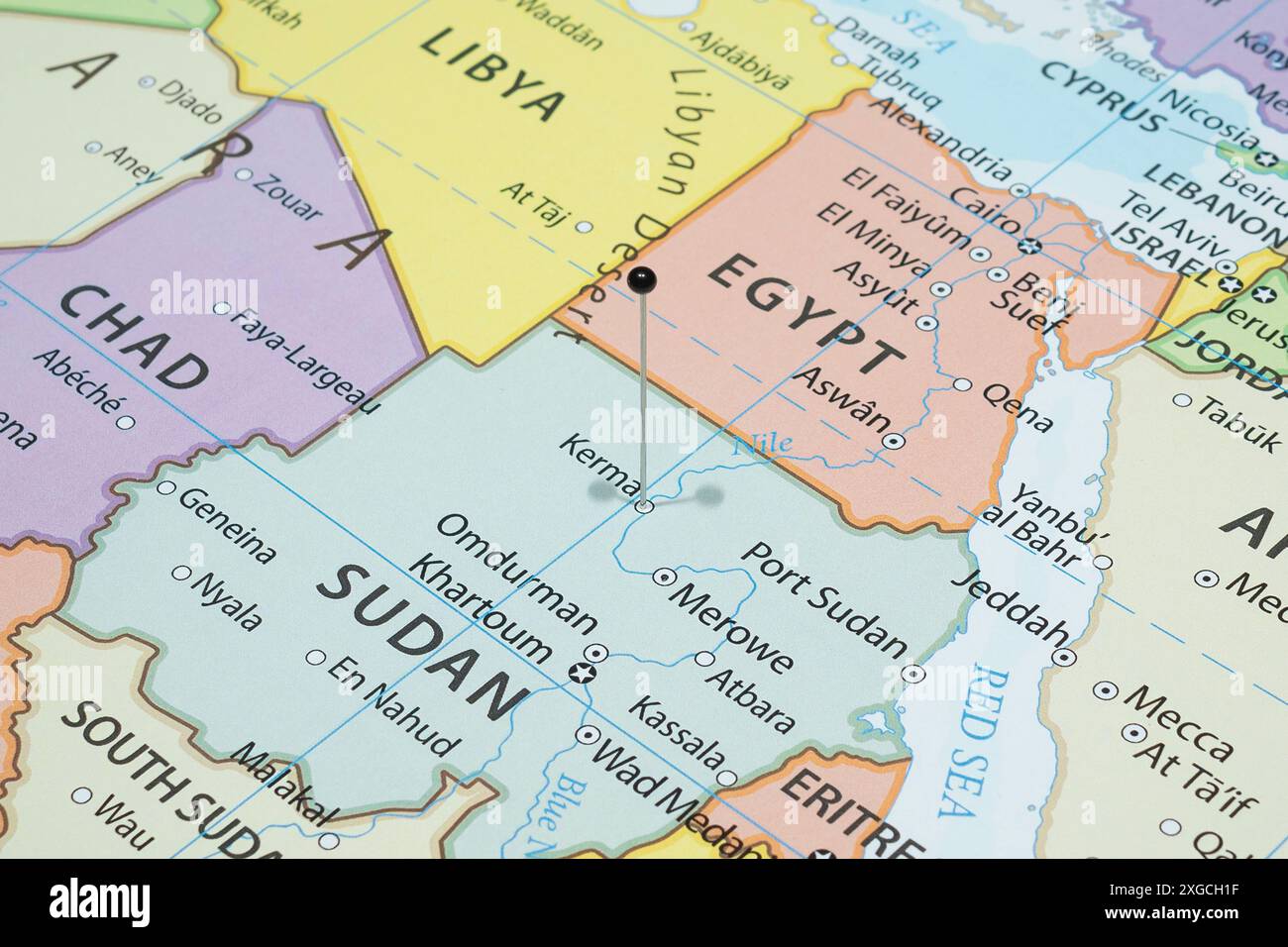 Close up to a Kerma city with a black pin needle into Sudan country ...