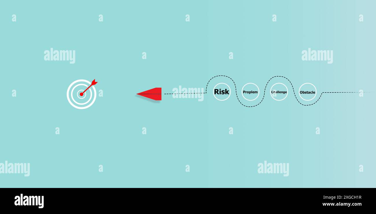 Red paper plane flies through risk barriers to reach target, risk ...