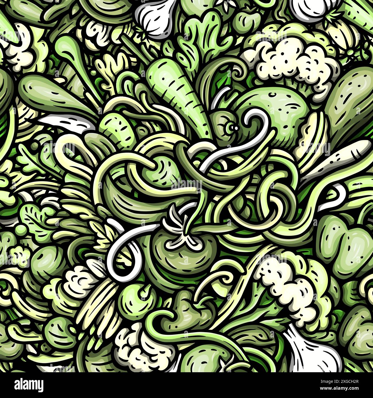 Vegetables cartoon vector doodles seamless pattern. Nature food ...