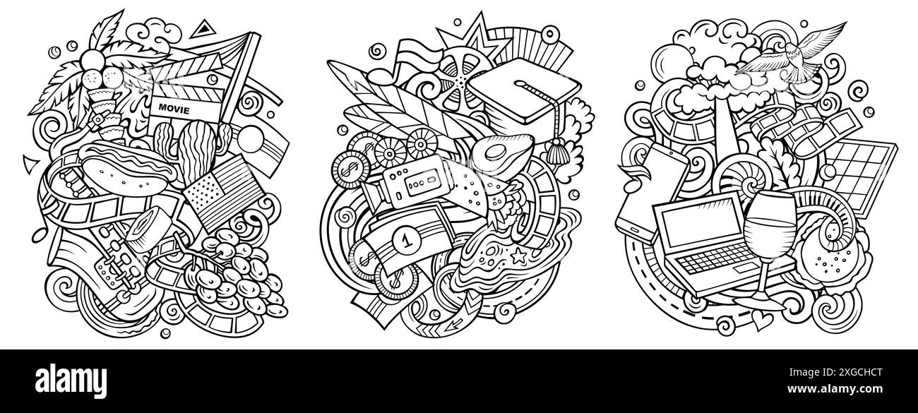 California cartoon vector doodle designs set. Line art detailed ...