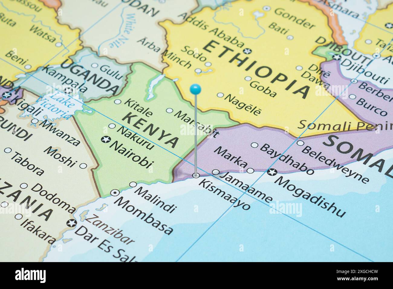 Close up to a Kismaayo with a light blue pin needle into Somalia ...