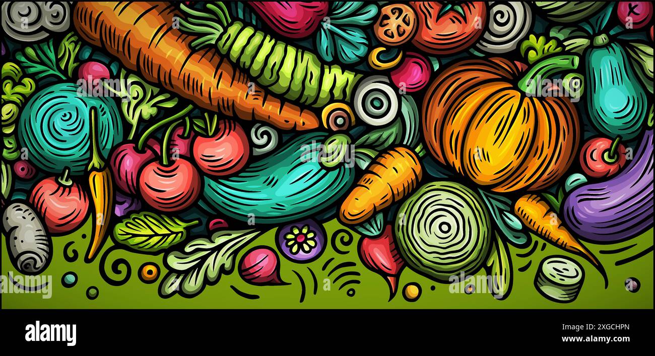 Vegetables cartoon vector doodle background. Veggies banner design ...
