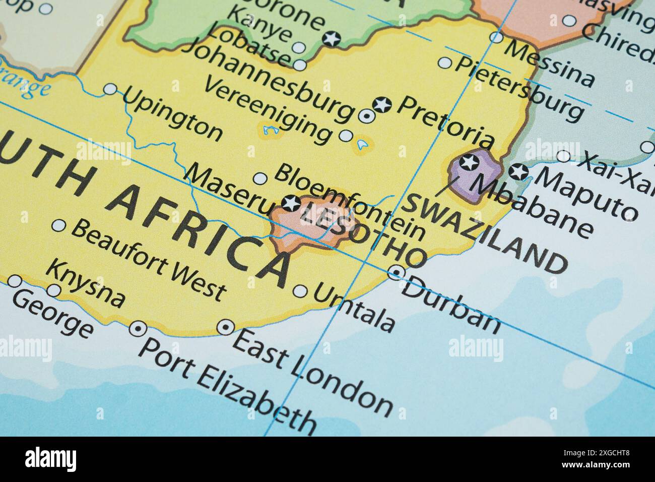 Close up to a Lesotho political map with country frontiers and most ...