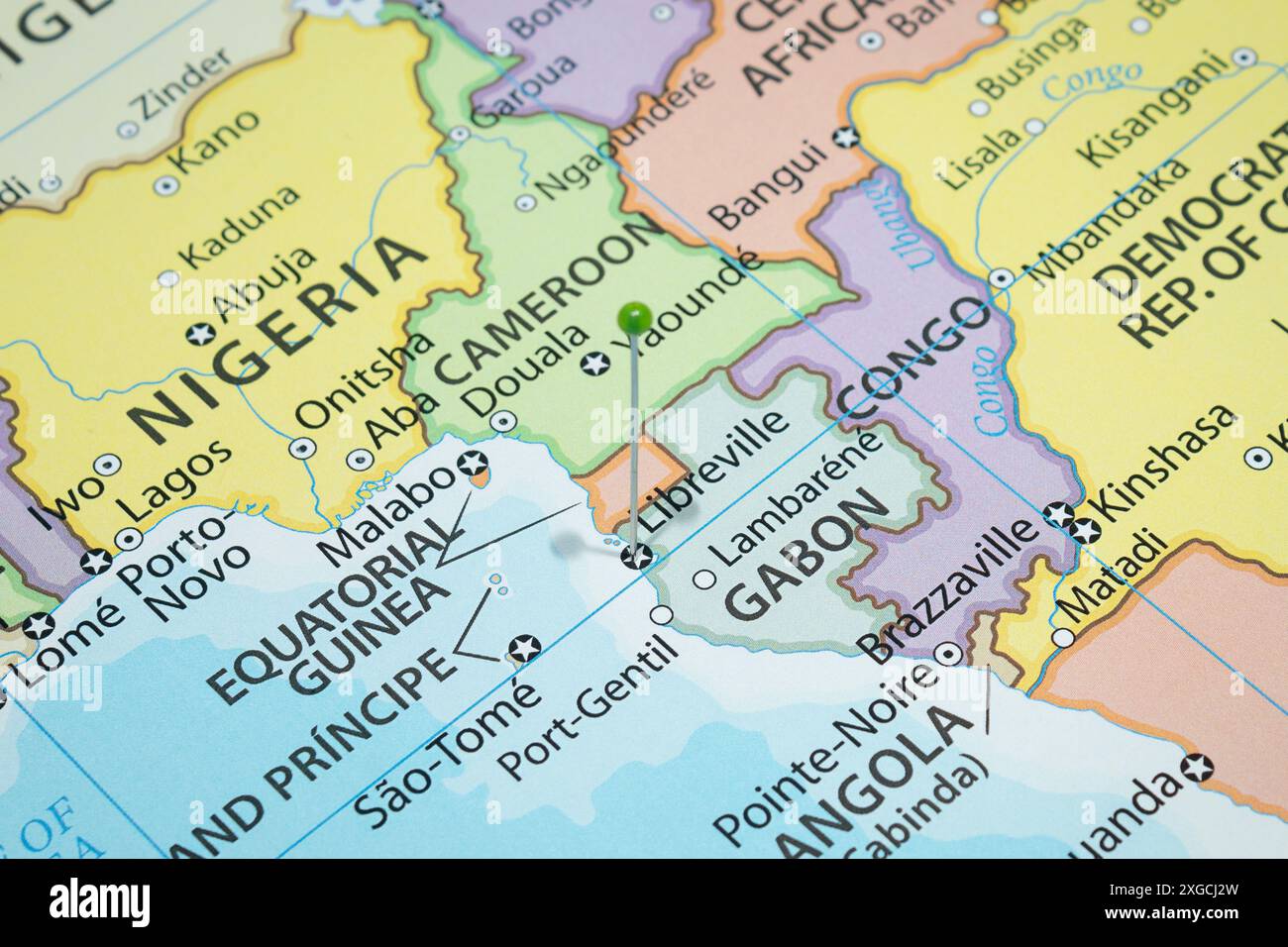 Close up to a Libreville city with a green pin needle into Gabon ...