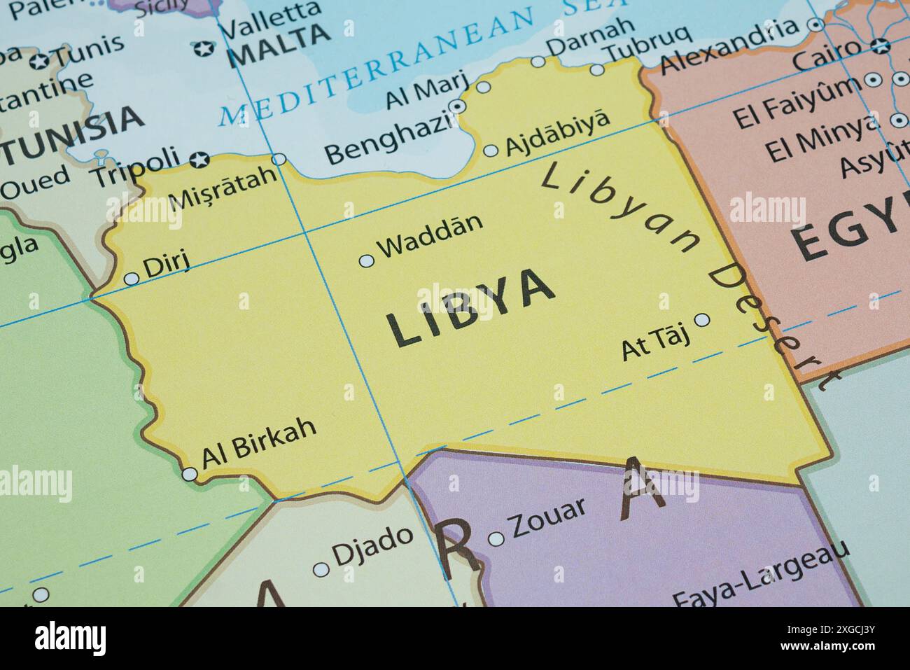 Close up to a Libya political map with country frontiers and most ...