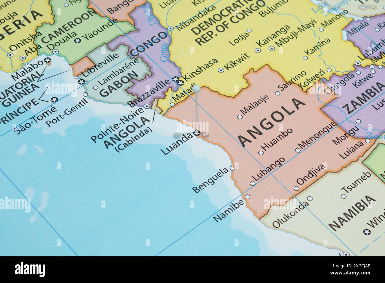 Close up to a Luanda with a white pin needle into Angola country ...