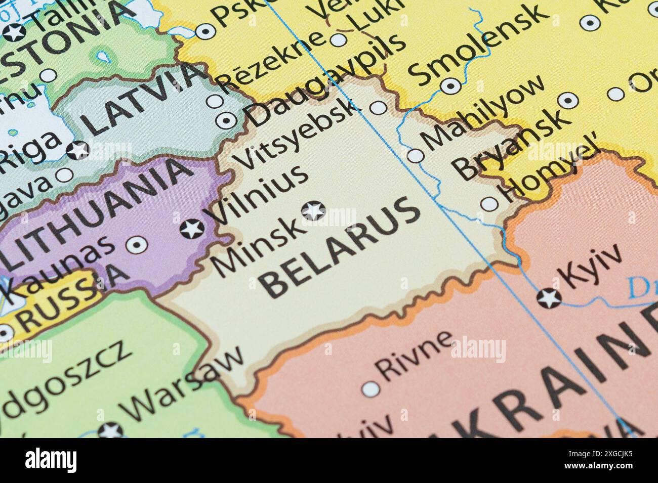 Close up to a Belarus political map with country frontiers and most ...