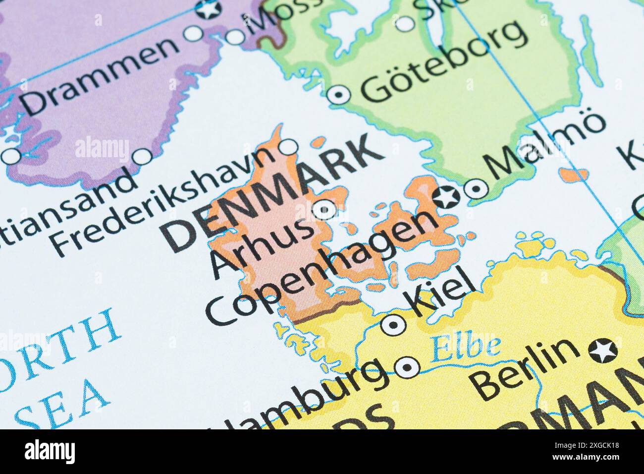 Close up to a Denmark political map with country frontiers and most ...