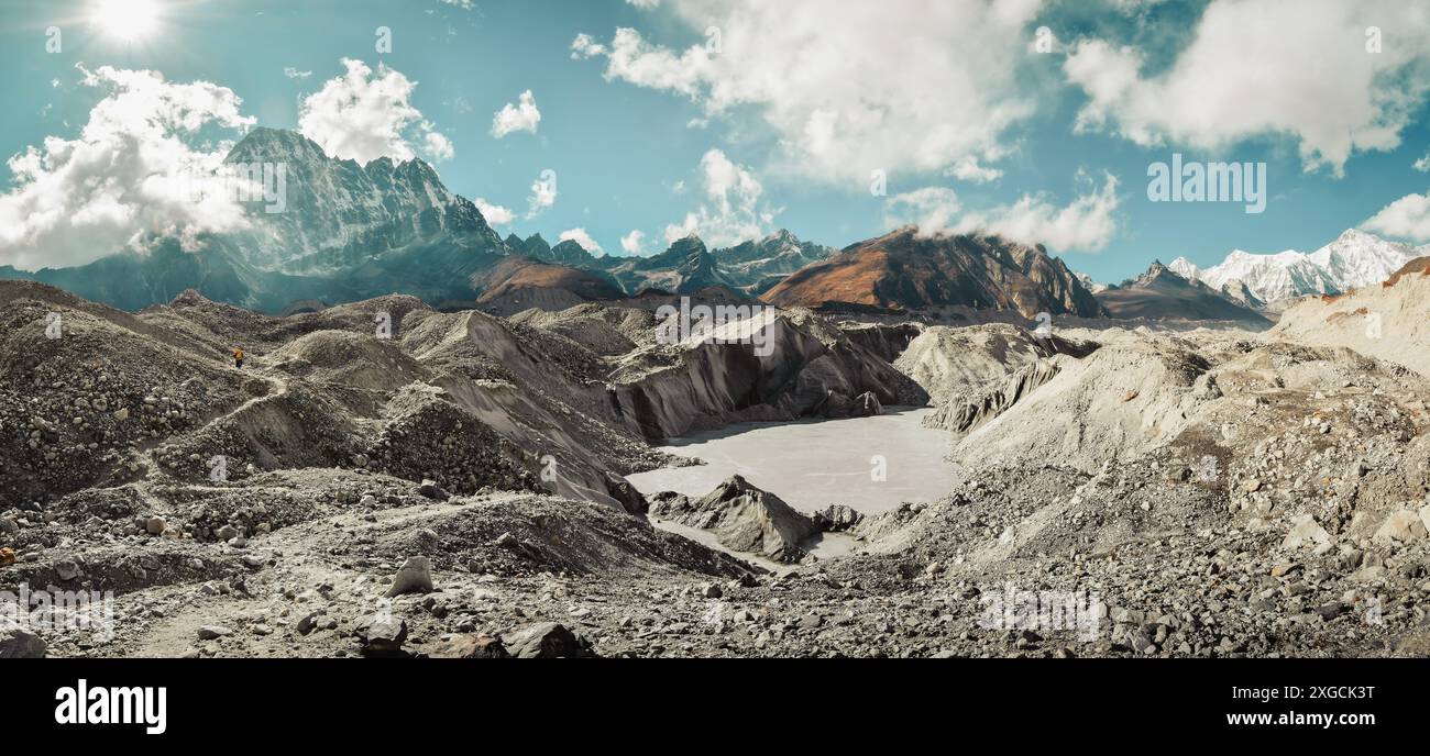 Rugged and rocky challenging terrain and surreal landscape way To Gokyo ...