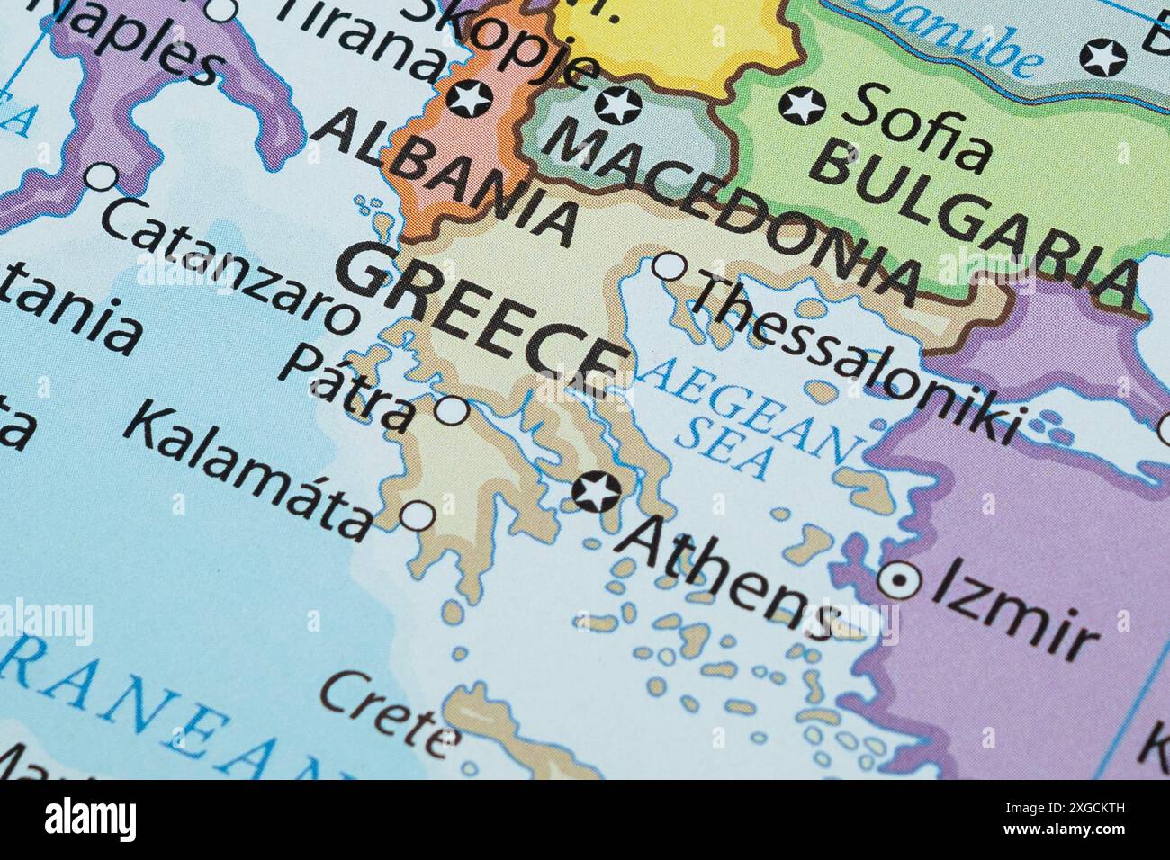 Close up to a Greece political map with country frontiers and most ...