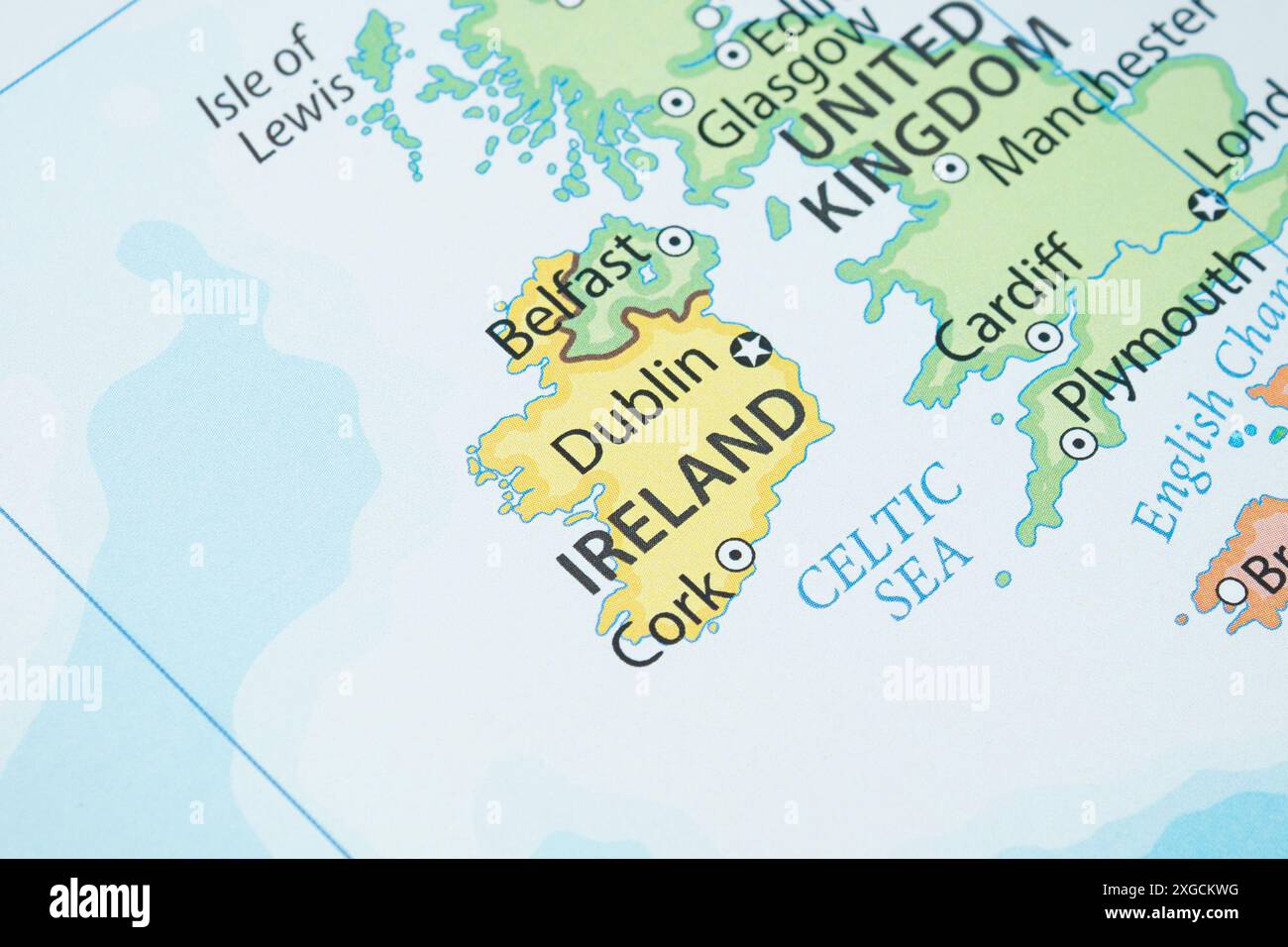 Close up to a Ireland political map with country frontiers and most ...