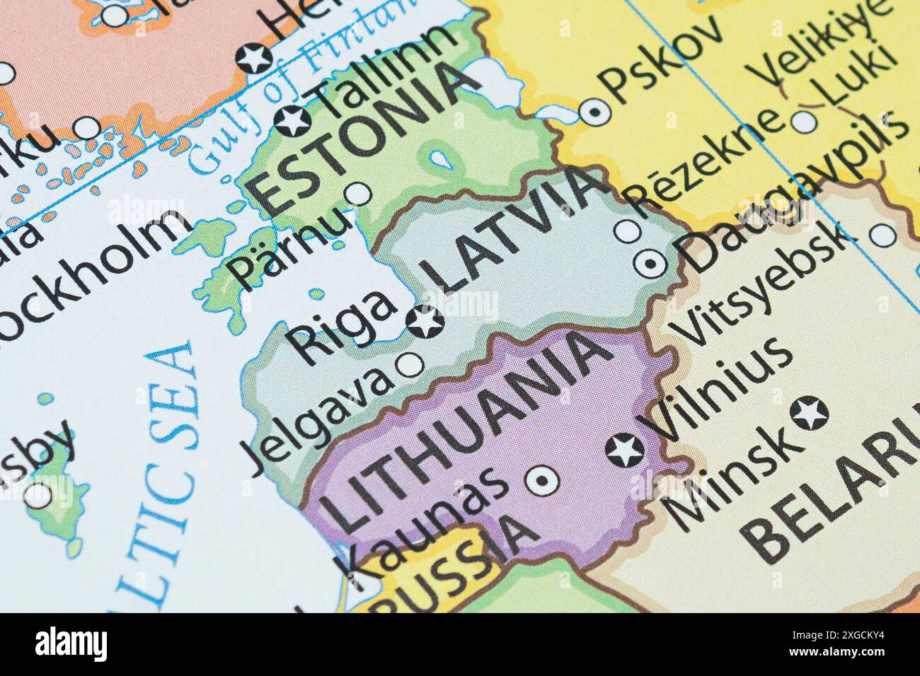 Close up to a Latvia political map with country frontiers and most ...