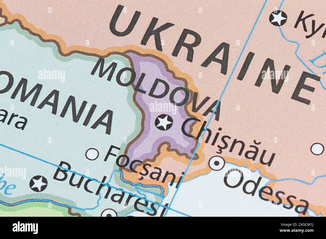 Close up to a Moldova political map with country frontiers and most ...