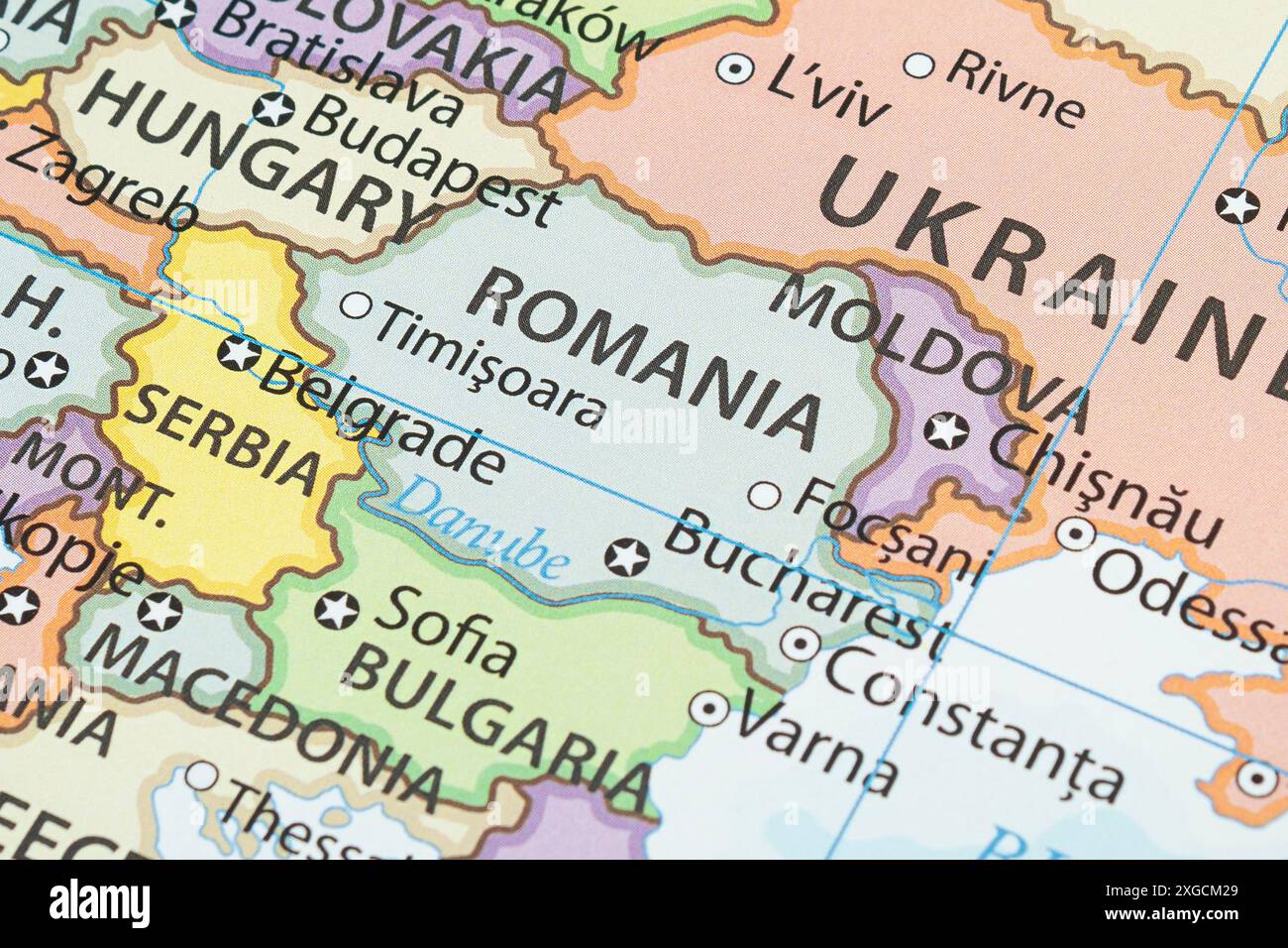 Macro photo of Romania political map with country frontiers and most ...