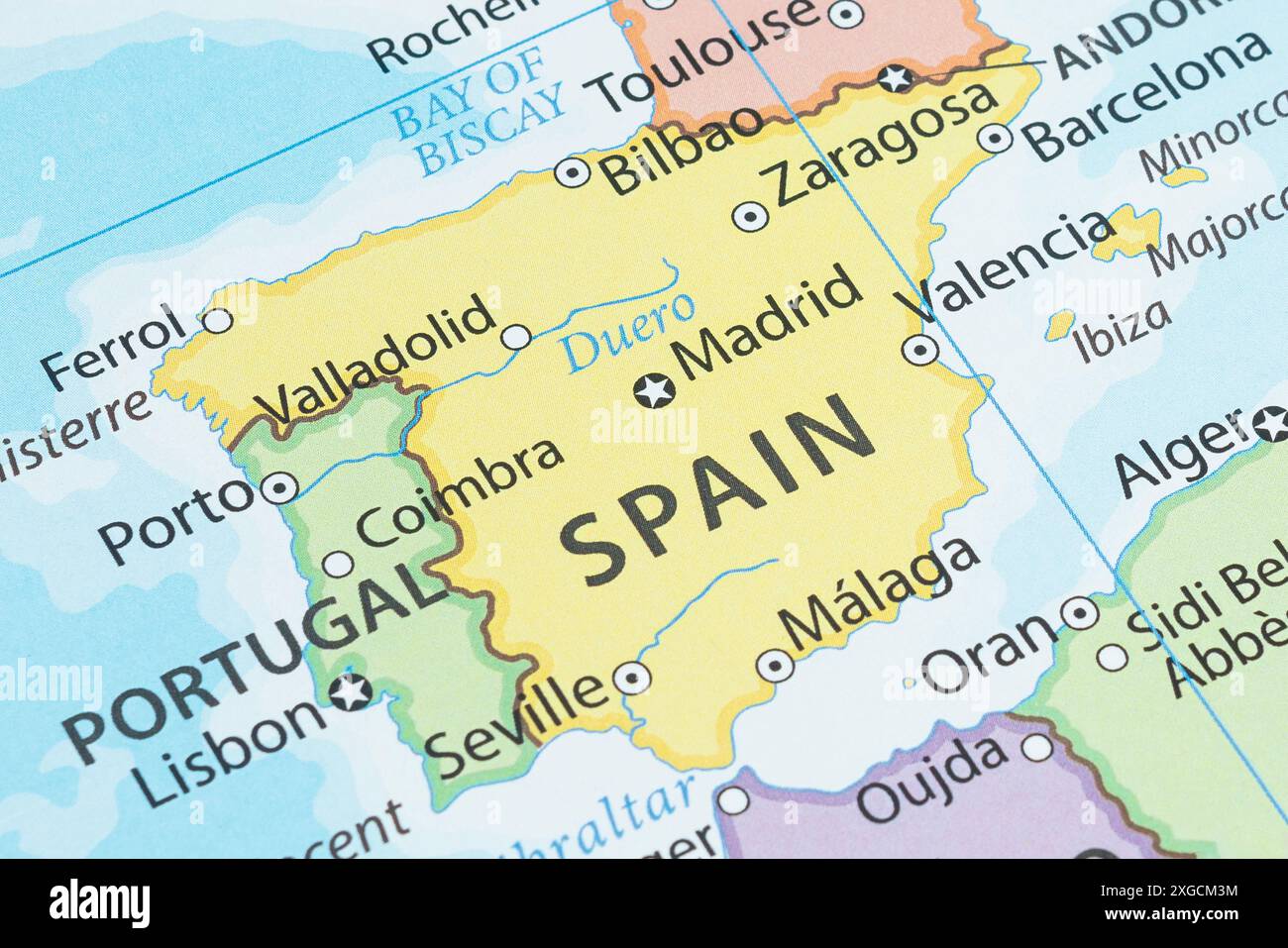 Macro photo of Spain political map with country frontiers and most ...