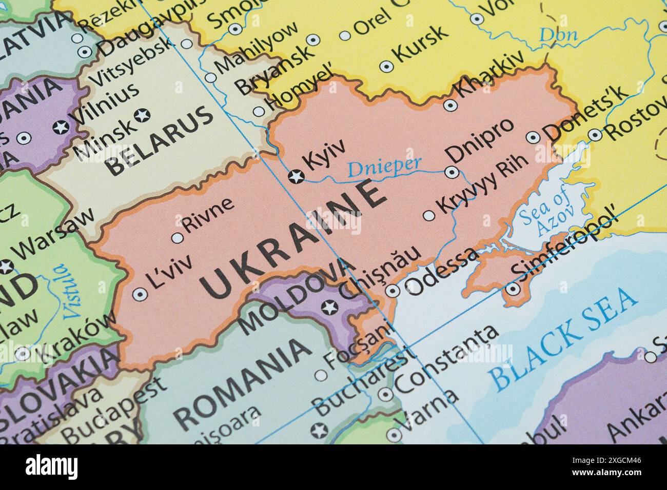 Macro photo of Ukraine political map with country frontiers and most ...