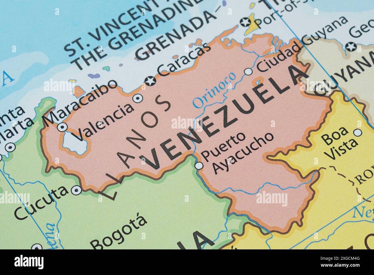 Macro photo of Venezuela political map with country frontiers and most ...