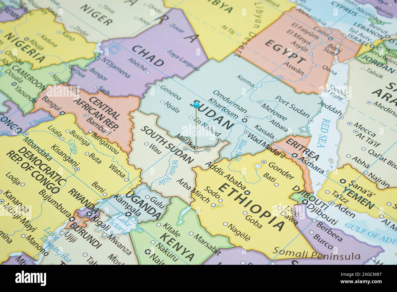 Close up to a Malakal city with a light blue pin needle into South ...