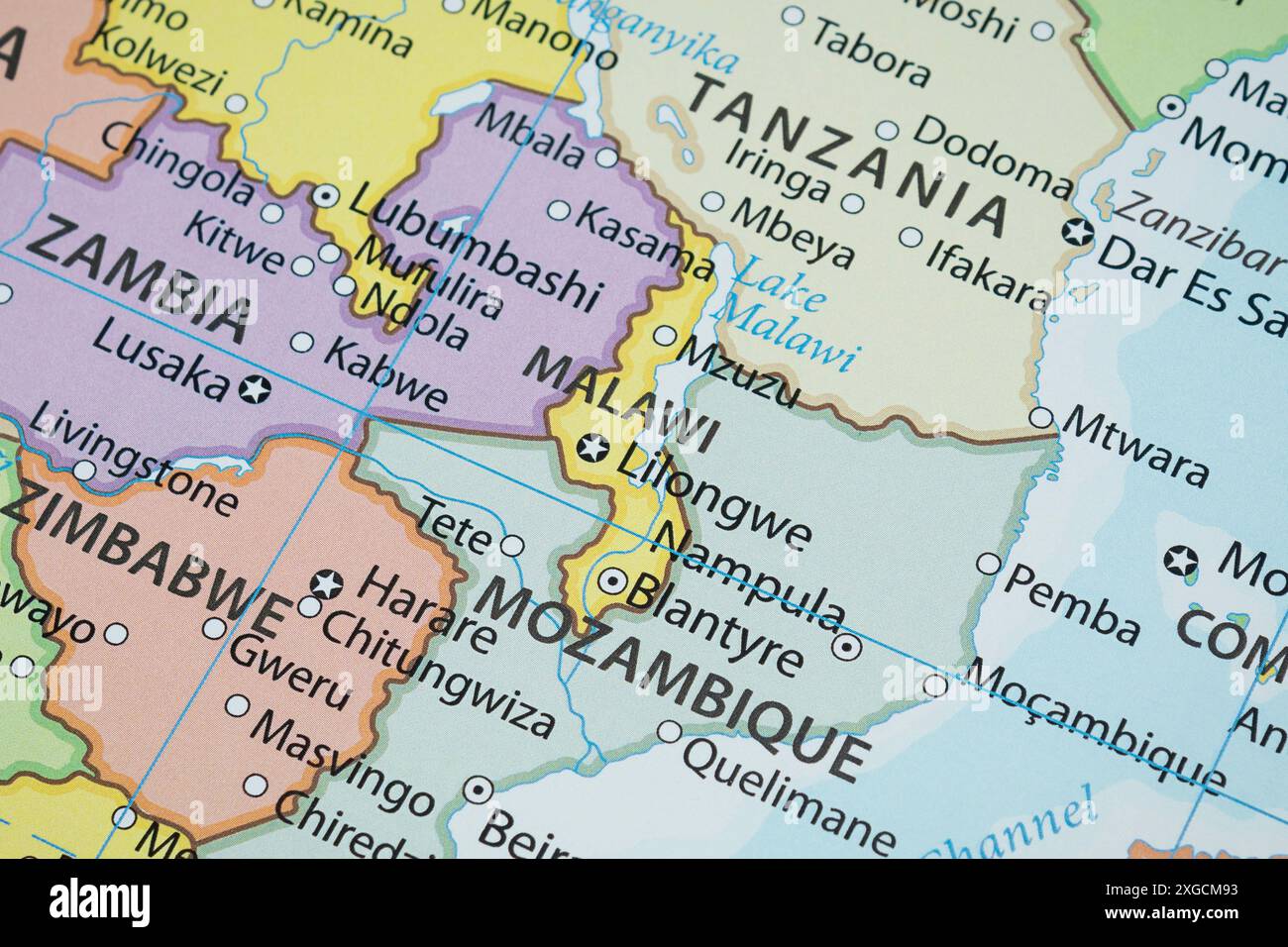 Close up to a Malawi political map with country frontiers and most ...