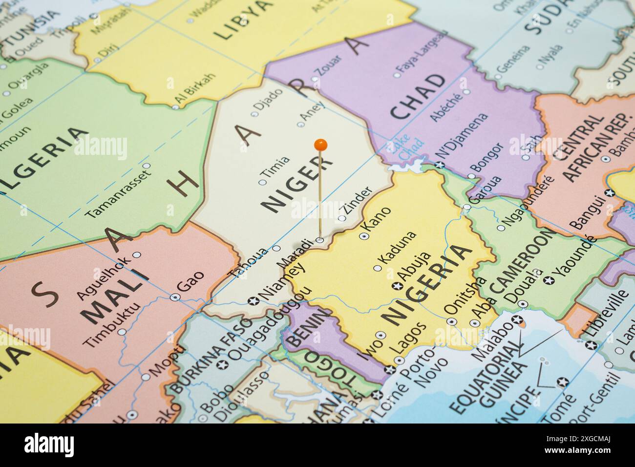 Close up to a Maradi city with an orange pin needle into Niger country ...