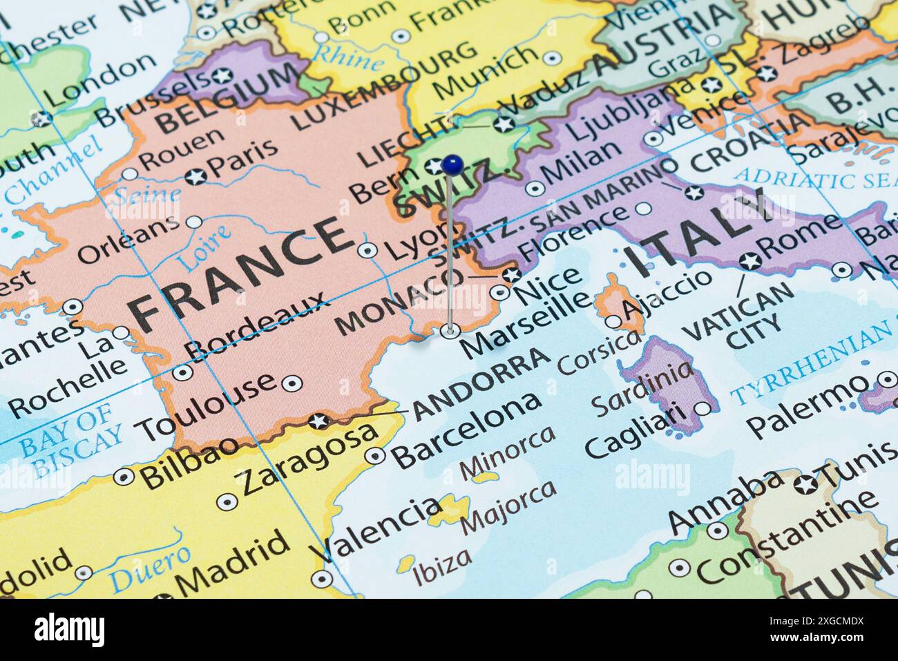 Close up to a Marseille city with a blue pin needle into France country ...