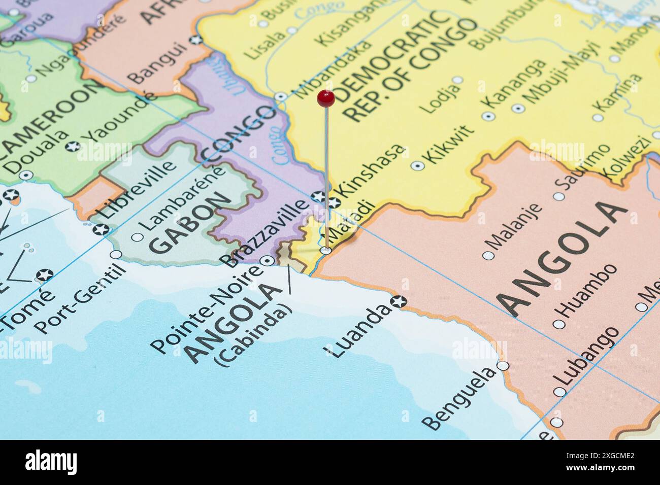 Close up to a Matadi city with a red pin needle into Democratic ...