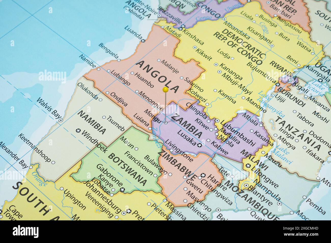 Close up to a Mongu city with a yellow pin needle into Zambia country ...