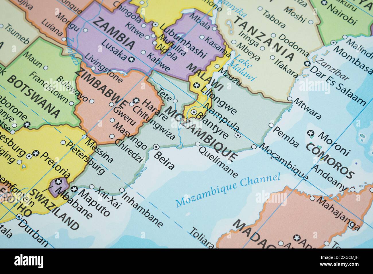 Close up to a Mozambique political map with country frontiers and most ...