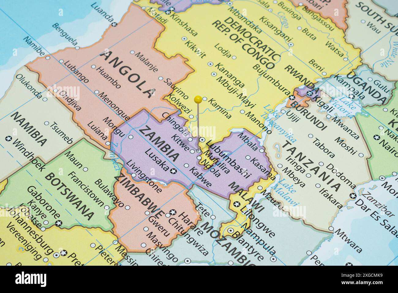 Close up to a Mufulira city with a yellow pin needle into Zambia ...