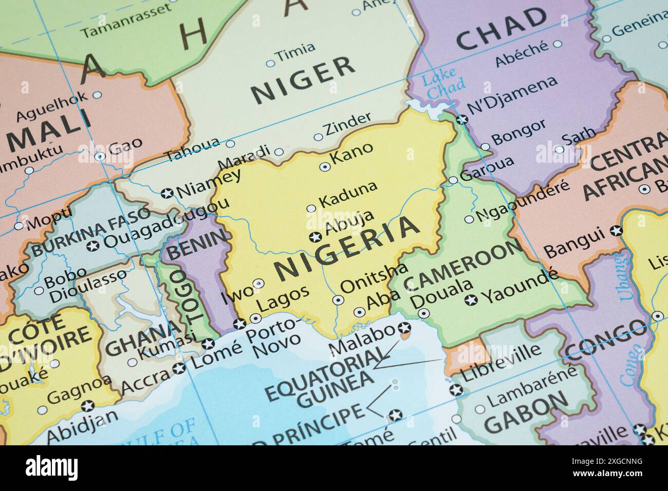 Close up to a Nigeria political map with country frontiers and most ...